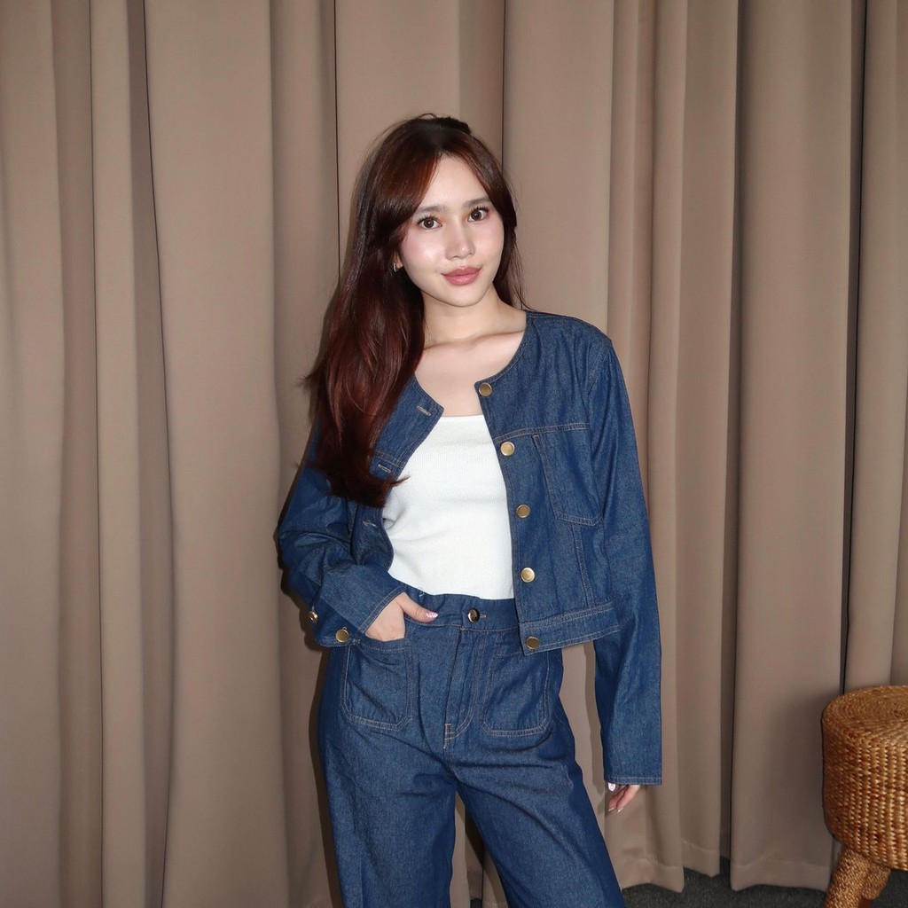 Jual HAZEL Lolly Denim Outer | Atasan Denim Wanita Lengan Panjang | Shopee Indonesia