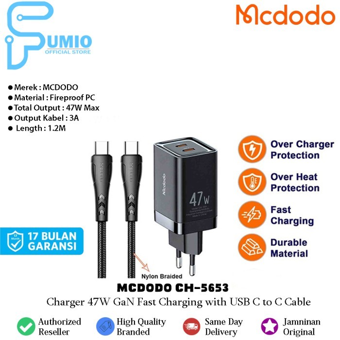 Jual MCDODO Charger 47W GaN Fast Charging with USB C to C Cable ( CH ...