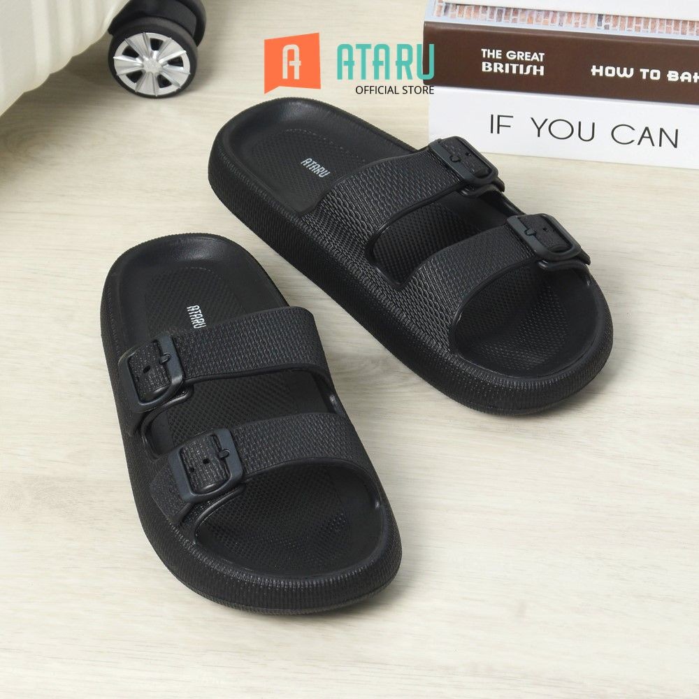 Jual Ataru Ukuran 42/43 Sandal Double Strap Thick Slides - Hitam Sendal ...