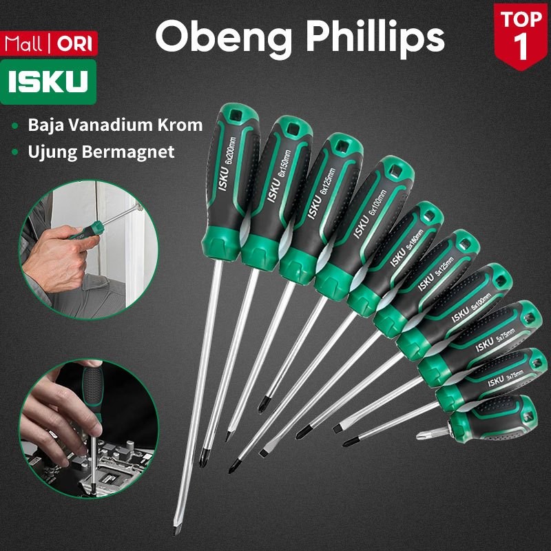 Jual ISKU Obeng Magnet Plus Minus Gagang Karet Panjang Pendek obeng ...