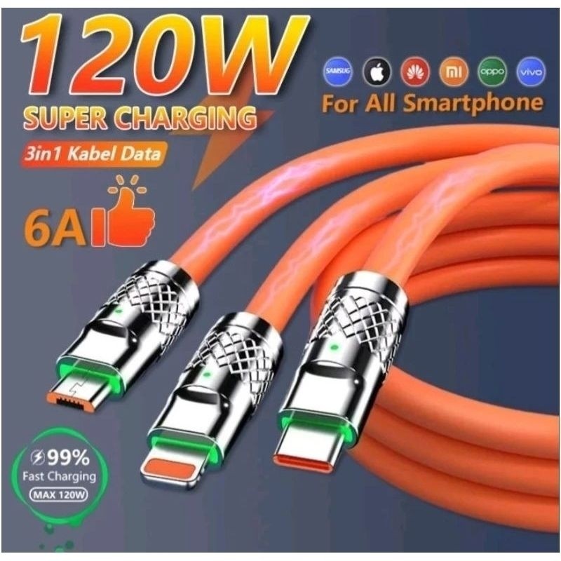 Jual Kabel 6A 120W 3in1 Lightning Kabel 3 in 1 Fast Charging Super Charger USB Micro / Type C ...