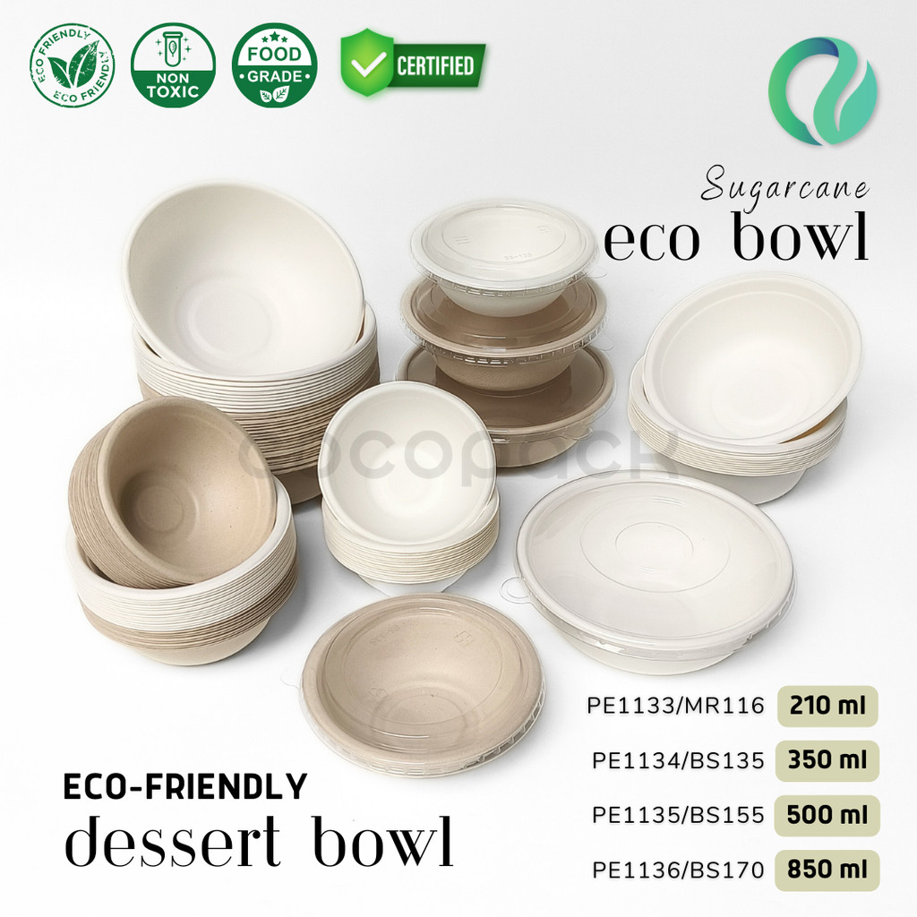 Jual 10 PCS Sugarcane Bagasse Eco Bowl 850 ML Natural Brown or White with PET Lid | Shopee Indonesia
