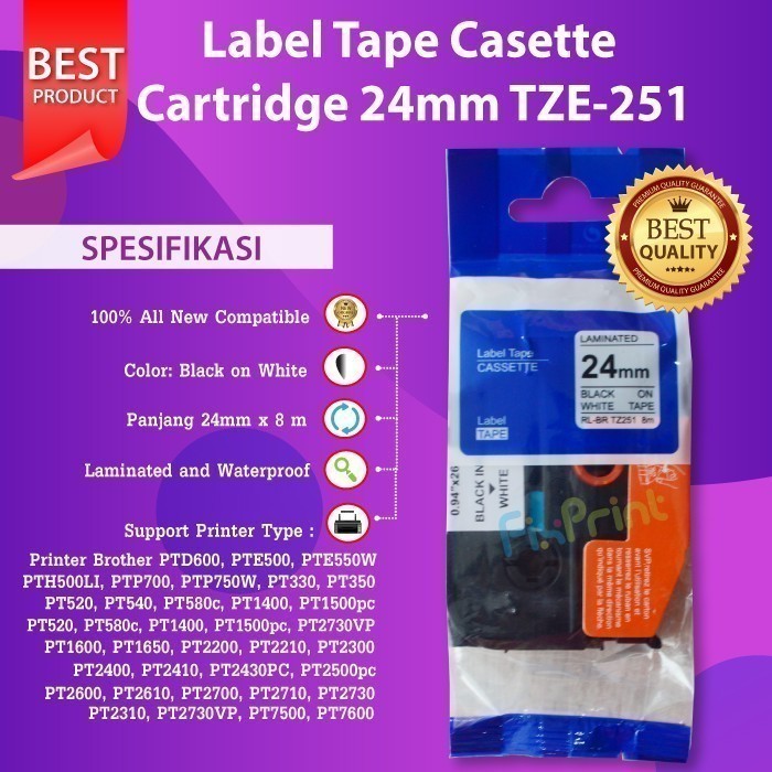 Jual FixPrint Label Tape Black On White TZE-251 24mm TZE251 TZE 251 Casette Laminated Printer ...