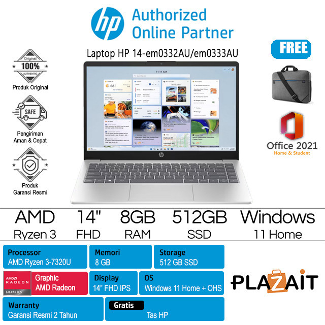 Jual HP Laptop 14-em0332AU em0333AU /AMD Ryzen 3-7320U/8GB/512GB SSD ...