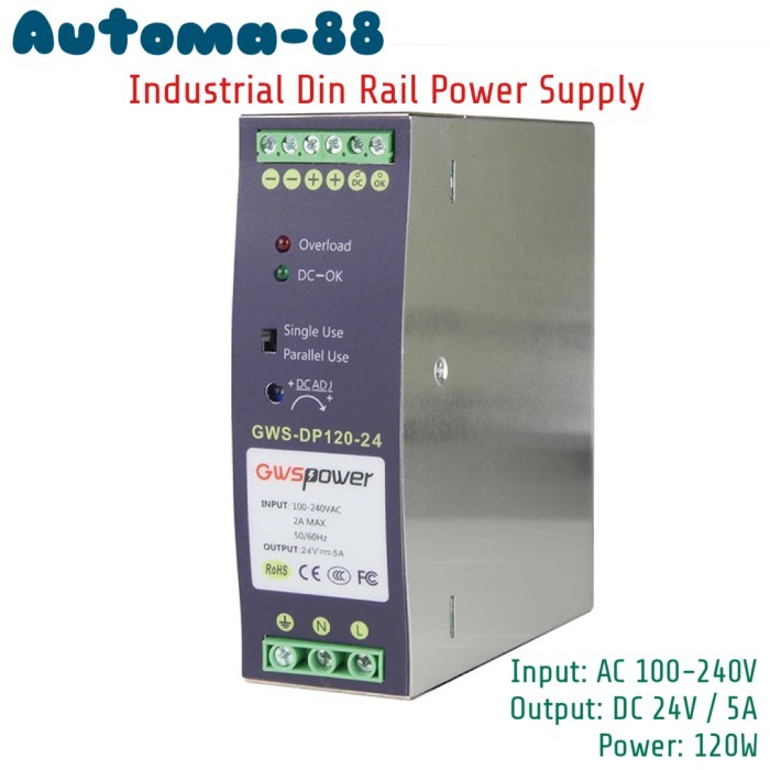 Jual GG88 Industrial Din Rail GWS Power Supply DP120-24 DC 24V 5A 120W ...