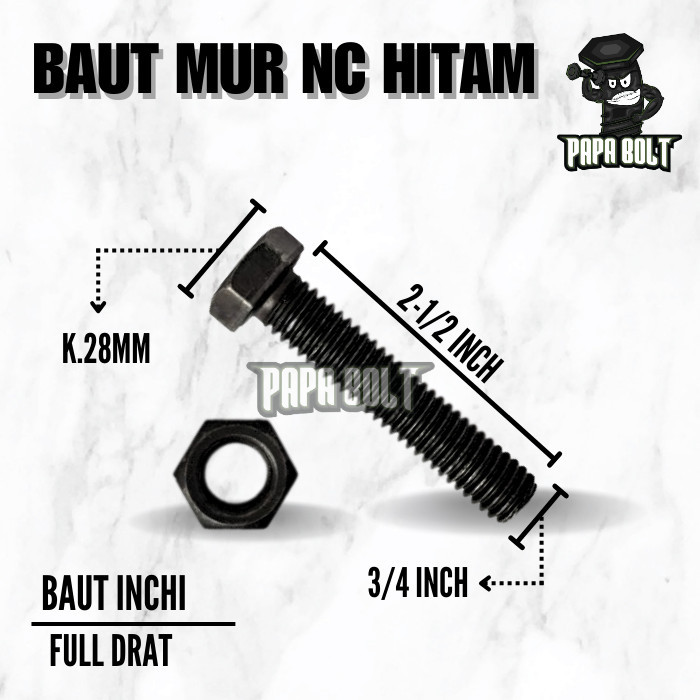 Jual Baut Mur Hex NC INCHI Hitam 3/4" x 2-1/2" UNC 10 (Kunci 28) | Shopee Indonesia