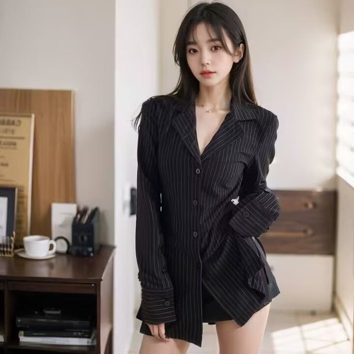 Jual Kemeja Wanita Lengan Panjang Garis-garis Atasan Kemeja Panjang Sedang Kasual Gaya Korea ...