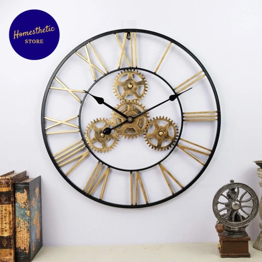 Jual Jam Dinding Besi Metal Bulat Vintage Industrial Gear Clock Silent ...