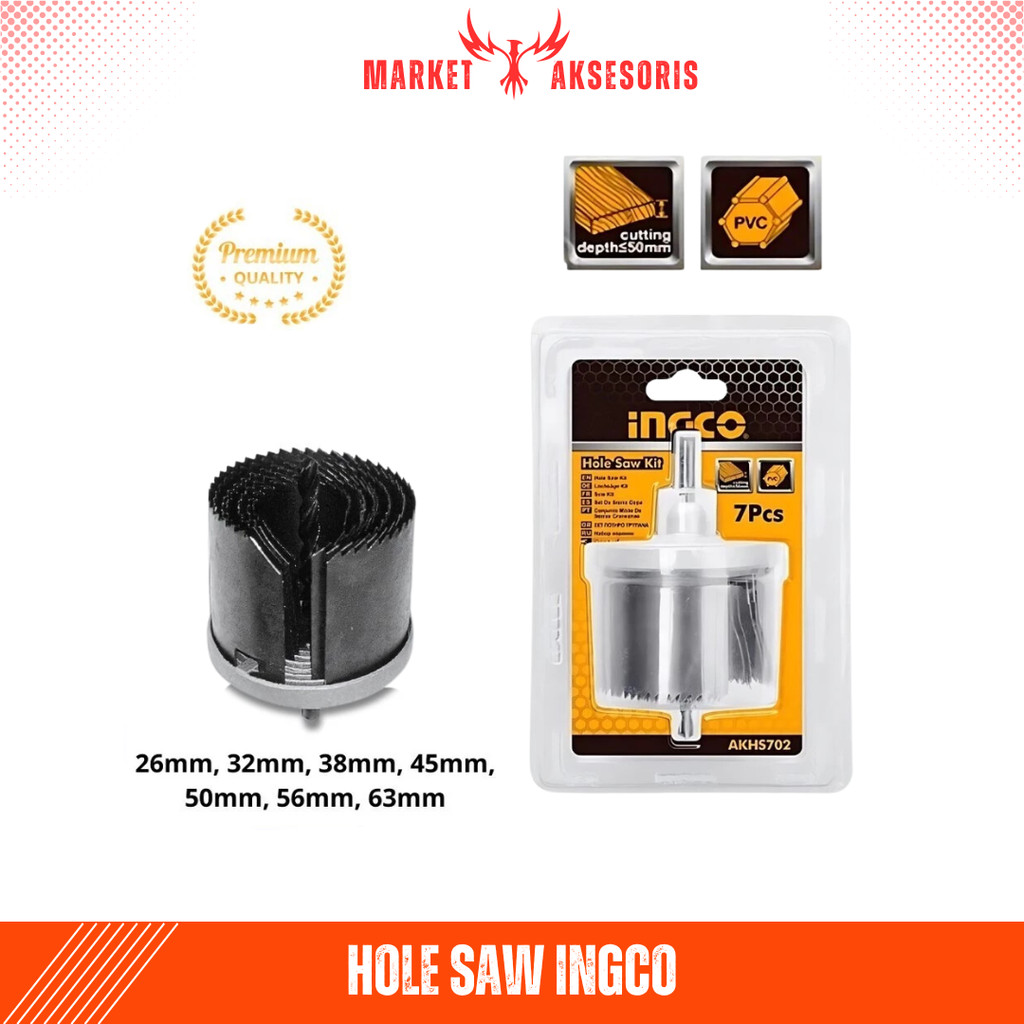 Jual MARKET AKSESORIS Hole Saw Kit INGCO AKHS702 SET 7pcs Holesaw Kayu ...