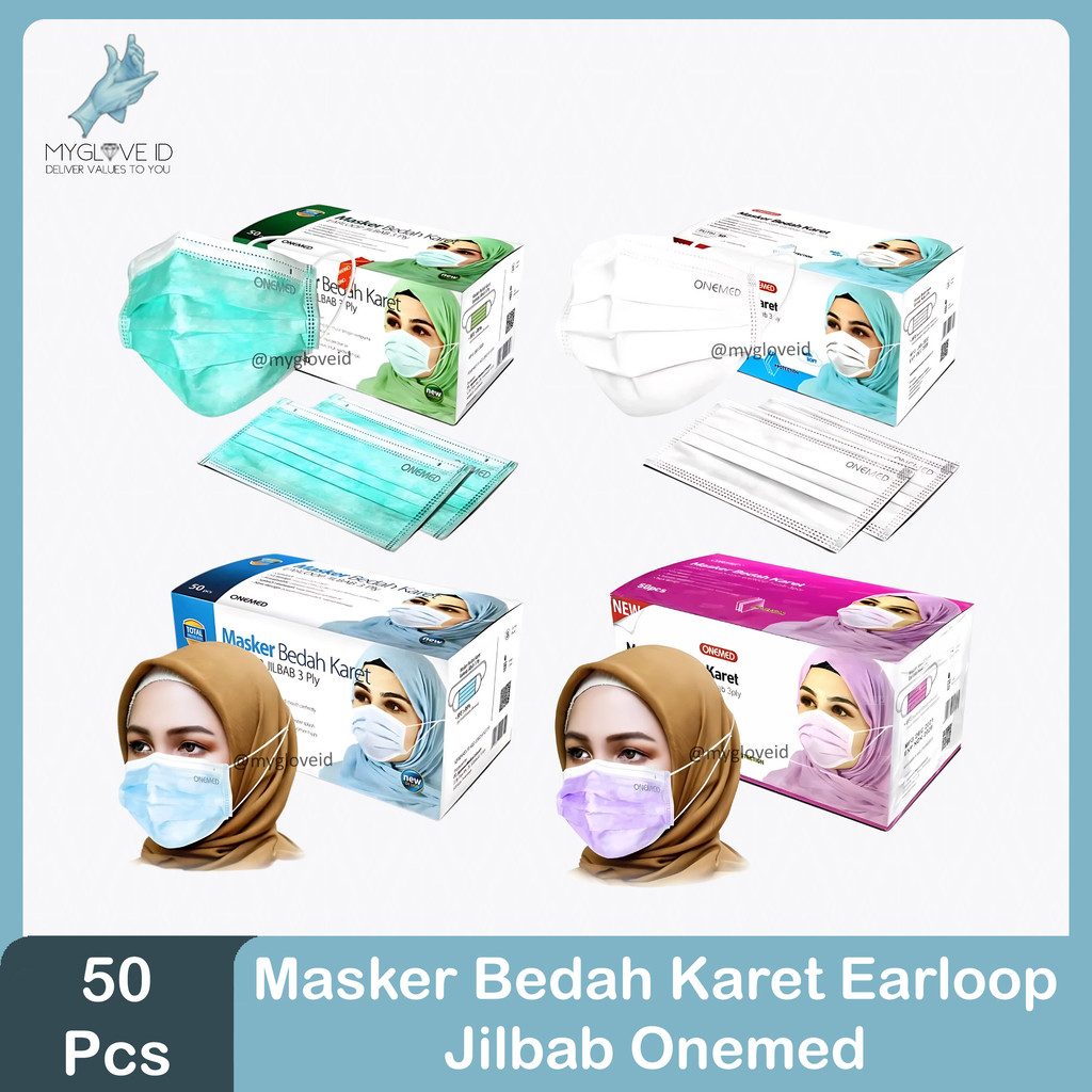 Jual Masker Medis Bedah Karet Hijab Jilbab 3 Ply Onemed isi 50 pcs ...