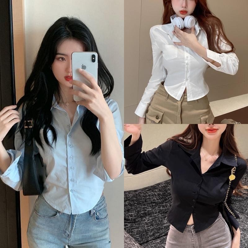 Jual Dealova Wear - Fuji Kemeja Crop Top Korean Style Kemeja Wanita Lengan Panjang Slim Fit ...