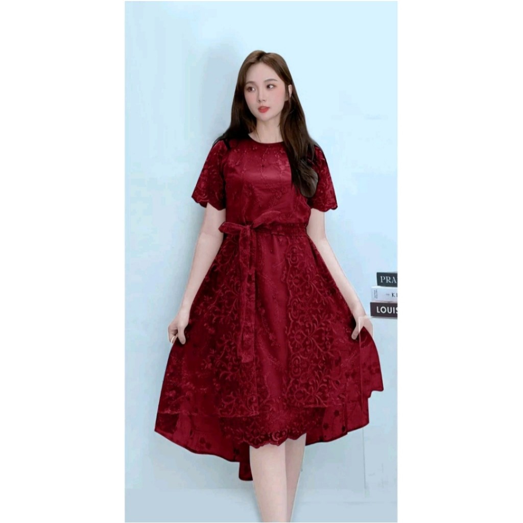 Jual Baju Dress Midi Brukat Wanita Remaja Korea Casual Adem Mewah ...