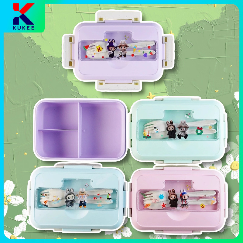 Jual KUKEE Labubu Lunch Box Kotak Bekal Anti Tumpah 3 Grid 1100ML / PP Lunch Box Set Kotak Makan ...