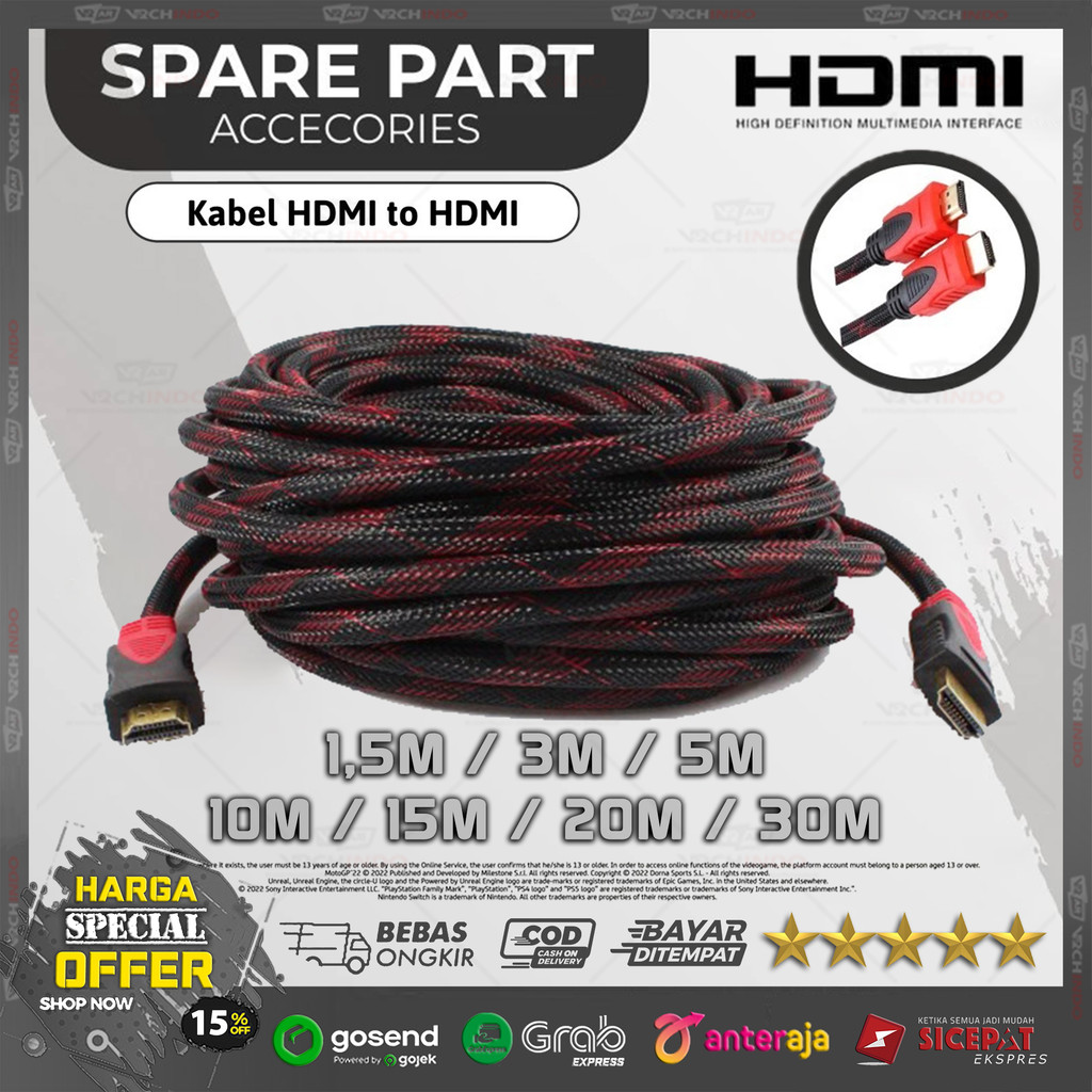 Jual Kabel HDMI to HDMI Panjang 1.5M / 3M / 5M / 10M / 15M Meter Male to Male Serat Jaring High ...