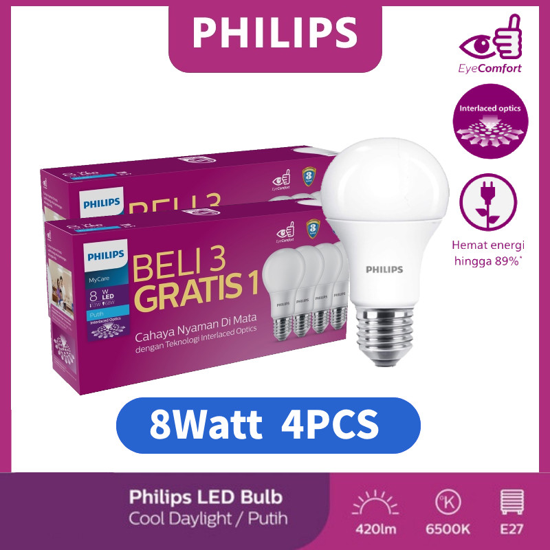 Jual Lampu LED Philips 8W Multipack Lampu led rumah Led Bulb 8 Watt 6500K Putih 4Pcs | Shopee ...