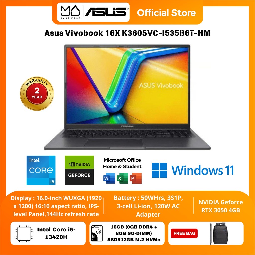 Jual Laptop Asus Vivobook 16X K3605VC I535B6T HM i5 13420H 16GB/512GB SSD RTX3050 | Shopee Indonesia