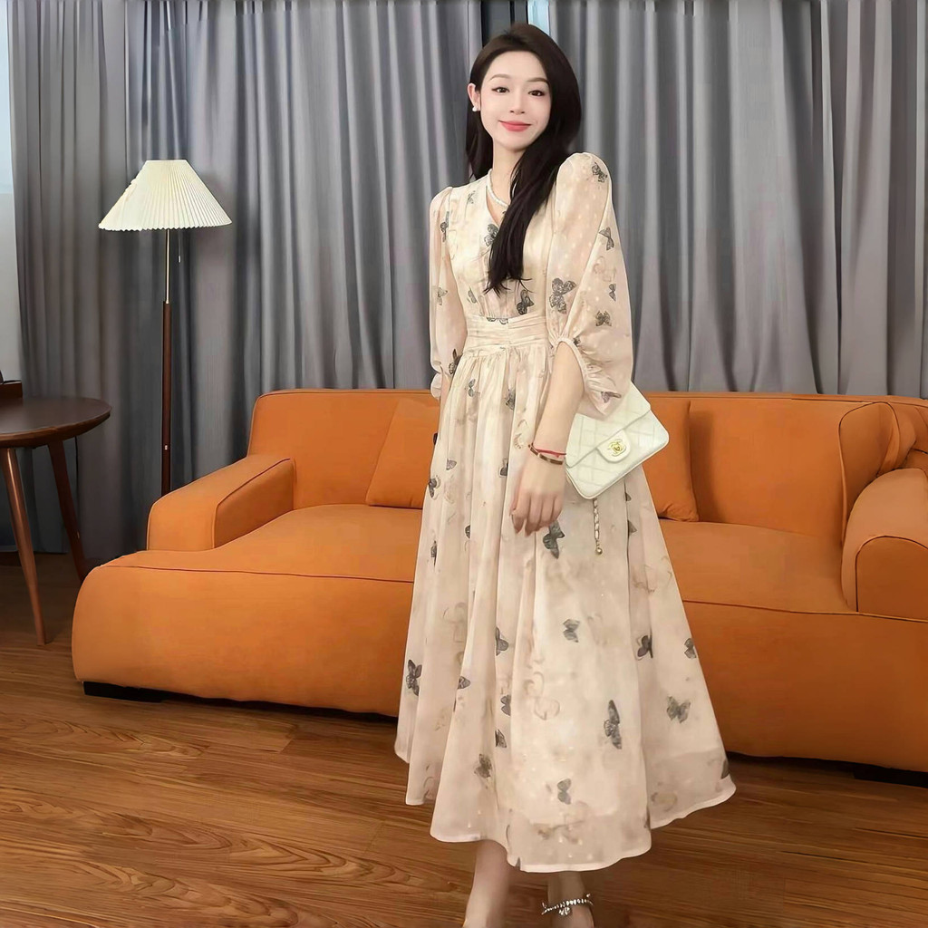 Jual Dress Wanita Bunga Sifon Lengan Pendek Gaun Panjang Santai M693 ...
