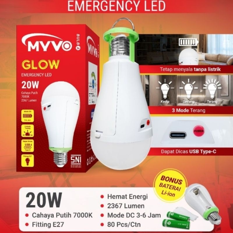 Jual MYVO GLOW 20W 20 WATT AC/DC Lampu Emergency LED Bulb Lampu Darurat bergaransi SNI | Shopee ...