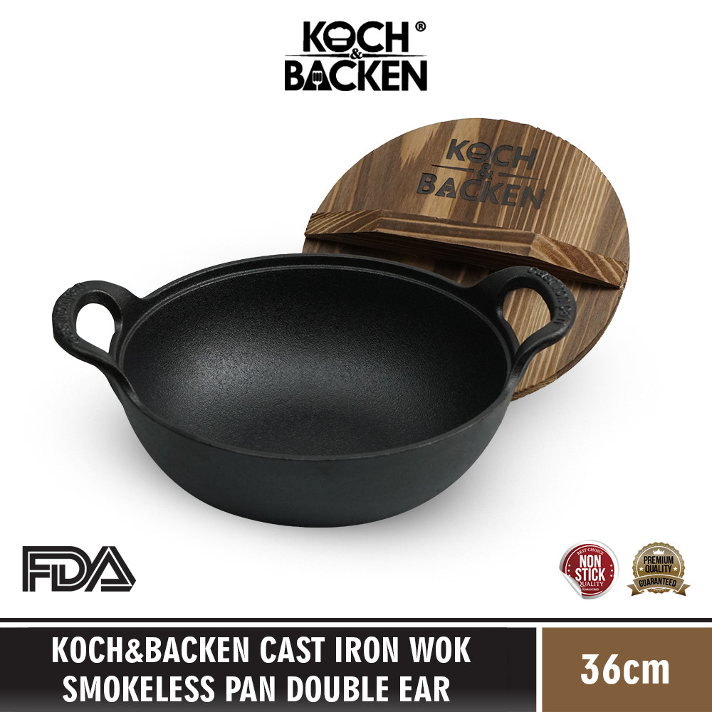 Jual KOCH&BACKEN Cast Iron Wok Smokeless Pan Double Ear With Wooden ...