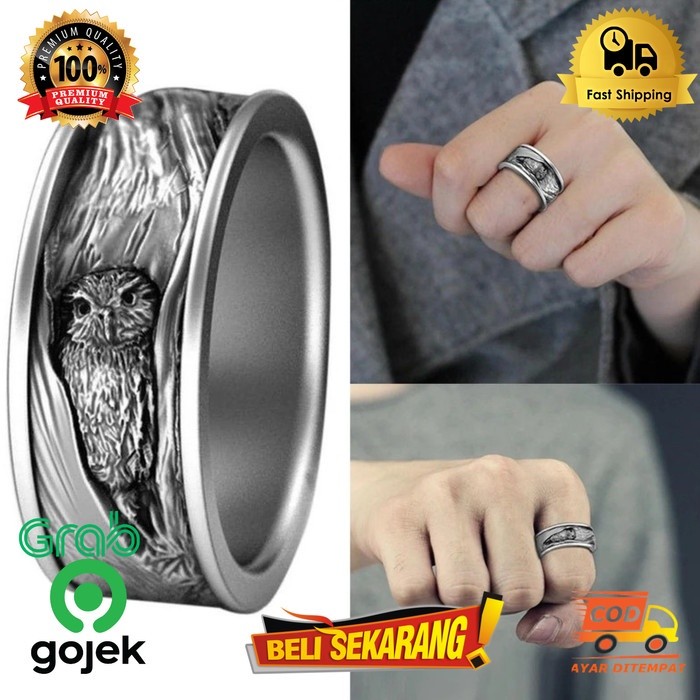 Jual Cincin pria lapis silver titanium burung hantu pohon simple signet ...