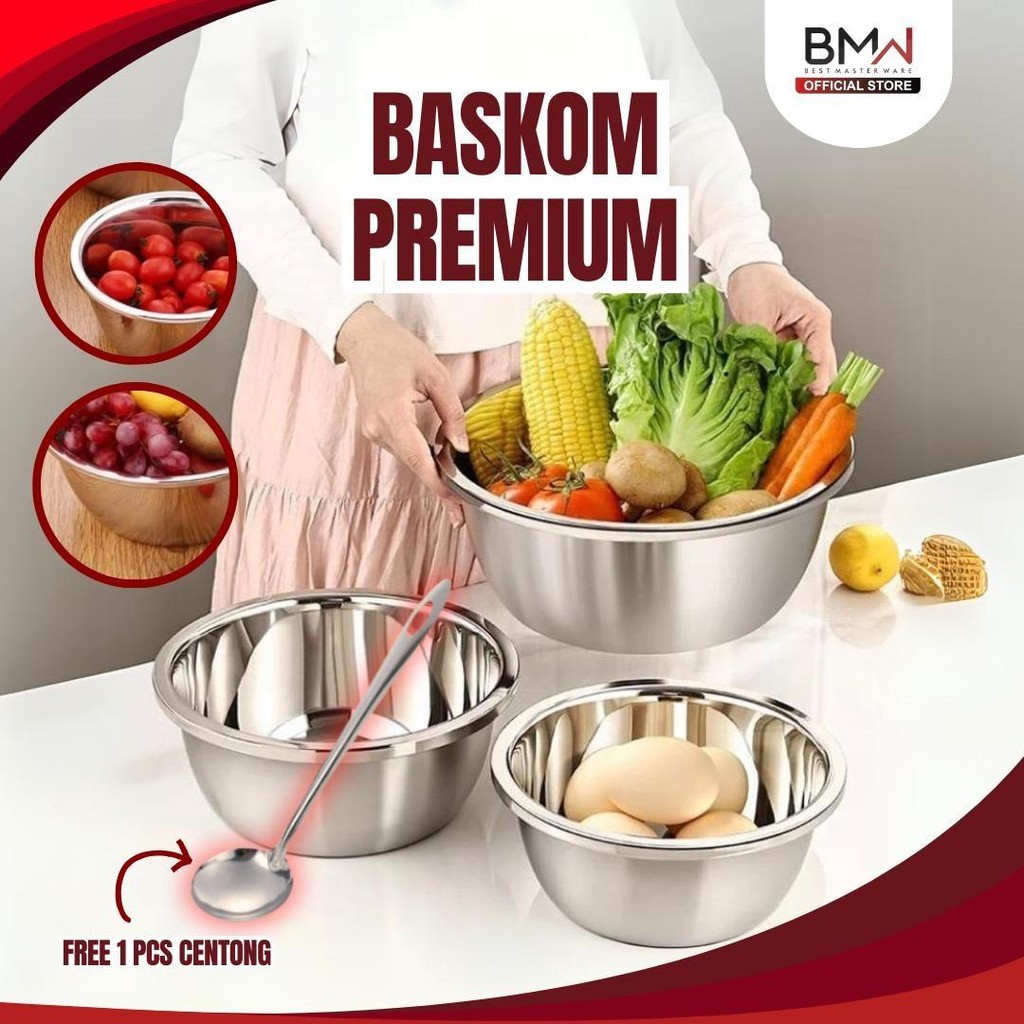 Jual BMW Kitchenware - 3 PCS Baskom SUS 304 Ukuran 30, 32, 34 CM Free 1 ...