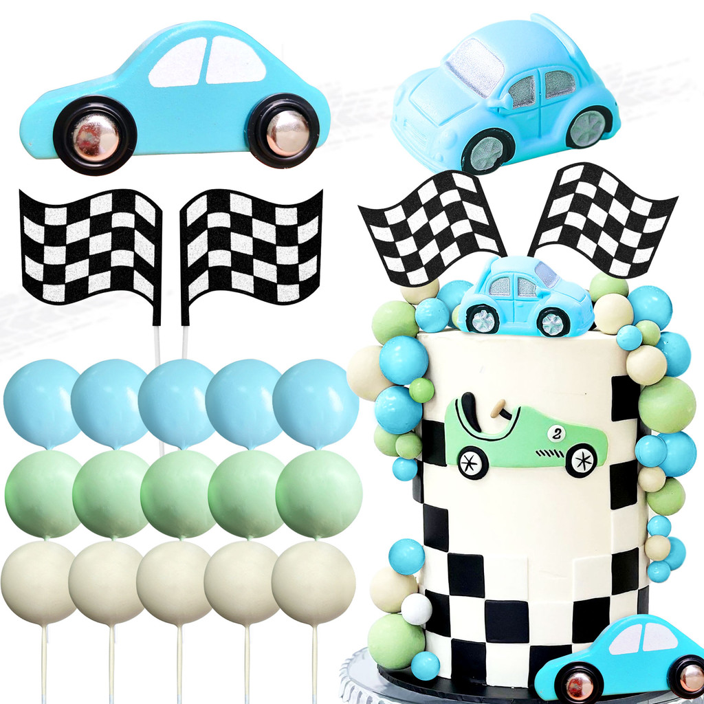 Jual LaVenty Pink Race Car Cake Decorations Car Cake Topper Checkered ...