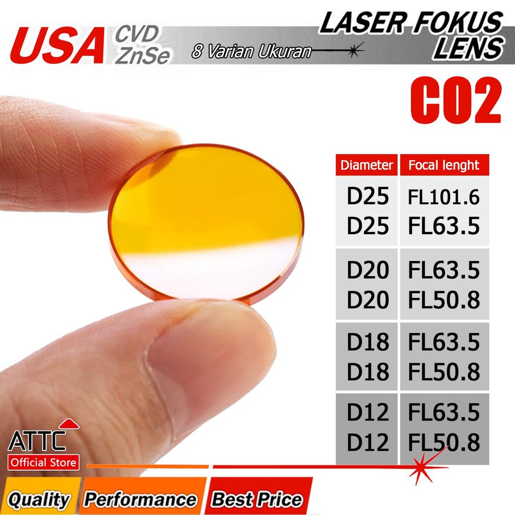 Jual Lensa Fokus For Laser Cutting CO2 Varian Ukuran D25 D20 D18 D12 USA CVD ZnSe FL50.8 FL63.5 ...