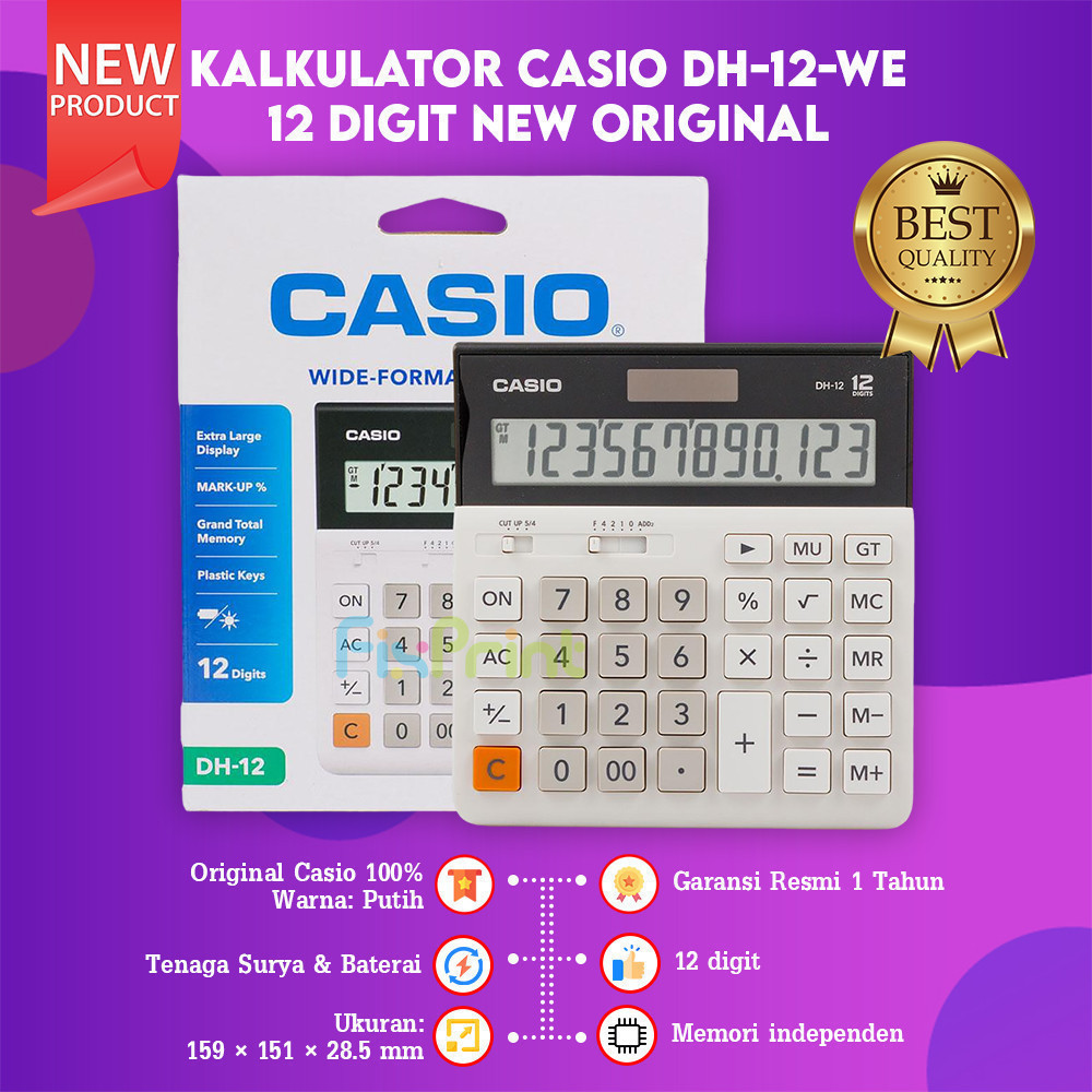 Jual FixPrint Casio DH-12 White BK 12 Digit Kalkulator Dekstop New ...