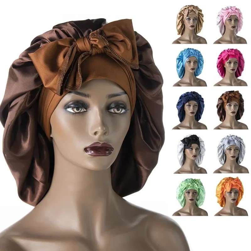 Jual Women Satin Widened Sleep Hat Night Sleep Cap with Long Streamer ...