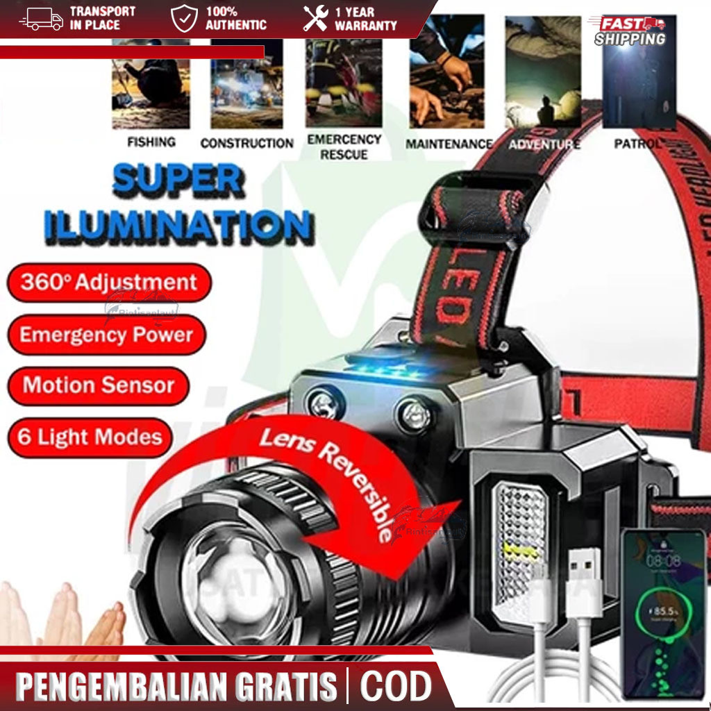 Jual [Rintisanlaut] Headlamp Led Outdoor 500W Senter Kepala Super Terang 5000 Lumen Pengisian ...