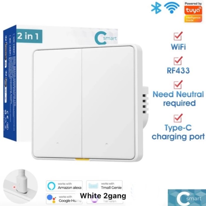 Jual Smatrul Saklar Pintar White 2 Gang Tuya Wifi + RF433 EU Smart ...
