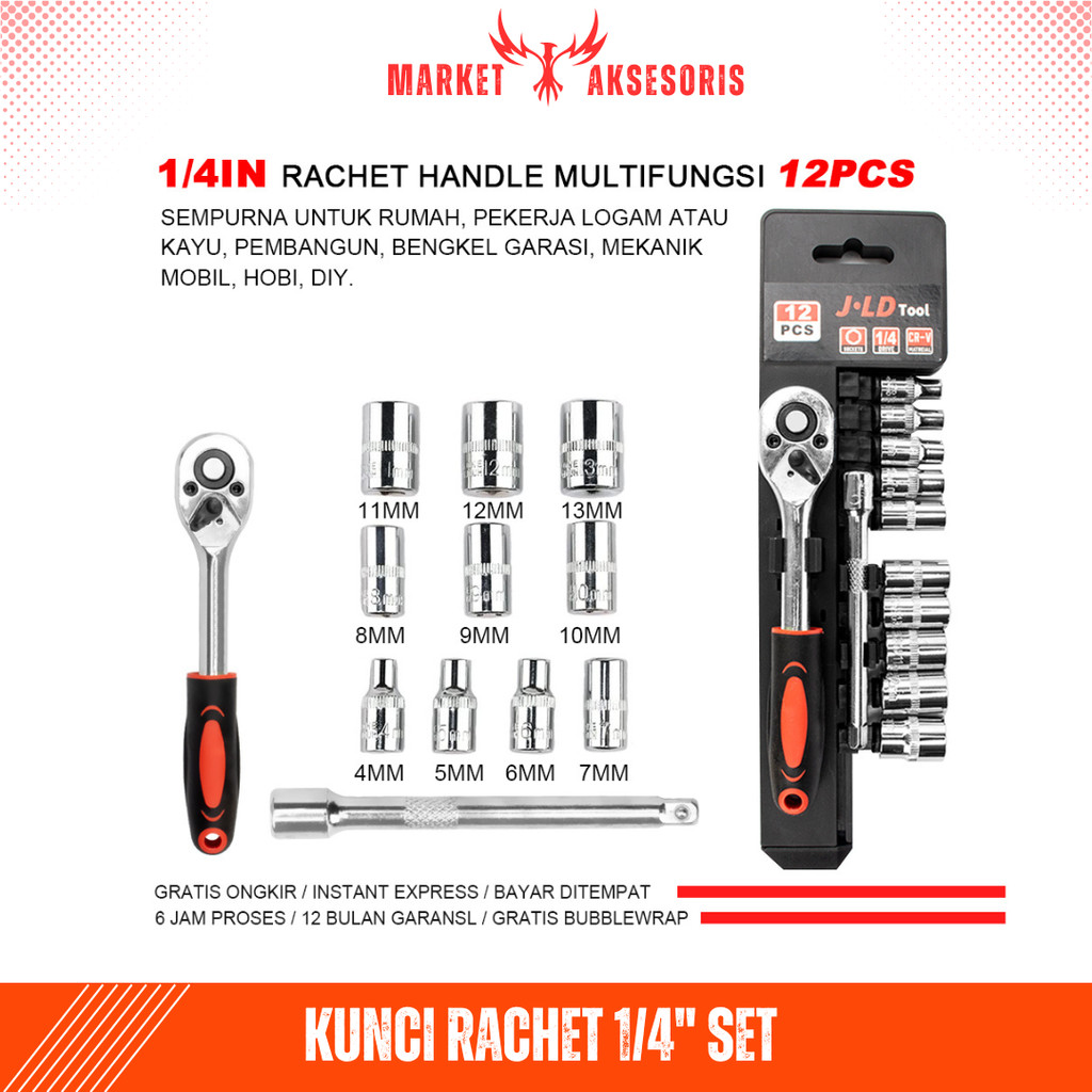 Jual MARKET AKSESORIS Kunci Rachet Socket Set 12 Pcs 1/4" Quick Wrench ...