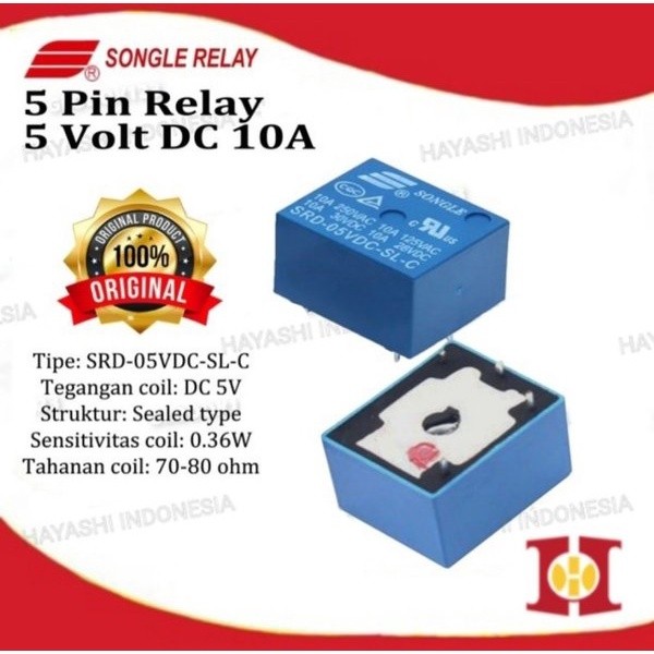 Jual Relay PCB Songle DC 5V 5 Pin Kaki SRD-5VDC-SL-C T73 Arduino Original | Shopee Indonesia