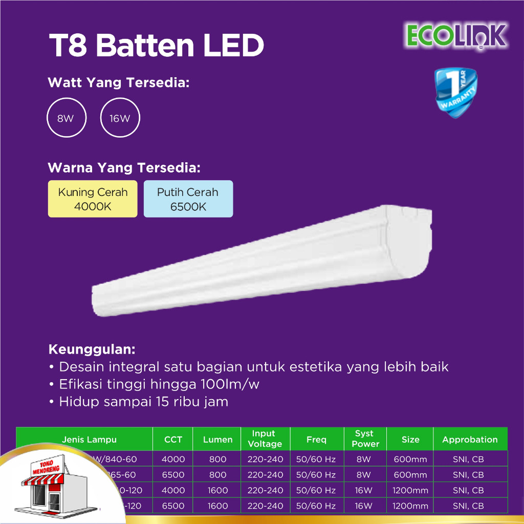 Jual Ecolink T8 Batten 8 Watt / 16 Watt LED Lampu Etalase Panjang 8W Neon 8Watt 60cm 16 W 16Watt ...