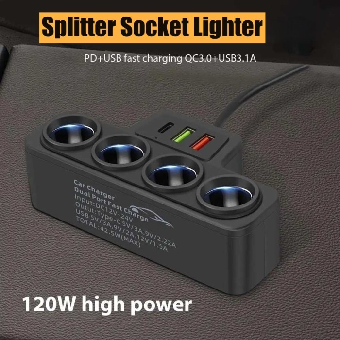 Jual Splitter Socket Lighter Mobil 4 Way dengan dual USB dan PD port ...