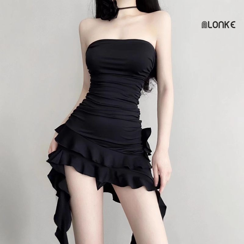 Jual NLONKE - Retraksi Pinggang Tanpa Tali Hitam Manis Pita Gaun Pendek ...
