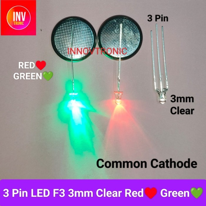 Jual 3mm 3pin LED Bicolor Red Green Common Cathode 2 Warna - Clear ...