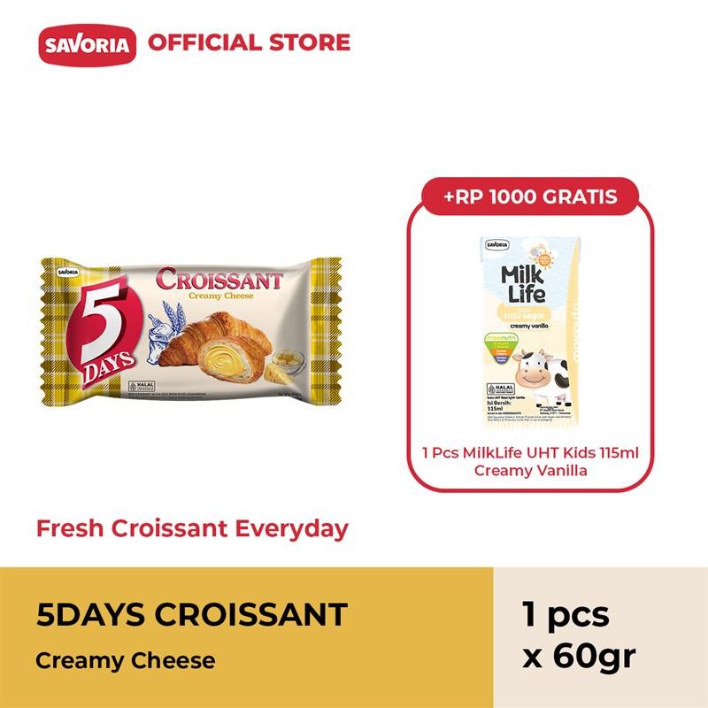 Jual 5 Days Croissant Creamy Cheese 60g + MilkLife UHT Kids Creamy ...