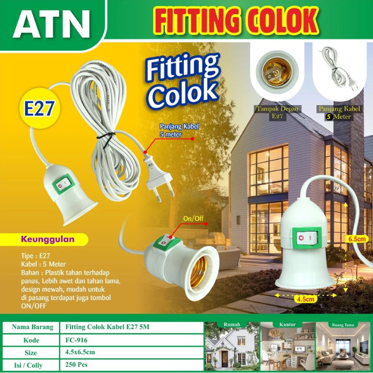 Jual (FULL 5 METER) ATN FITTING COLOK KABEL + SAKLAR ON OFF / PITING ...