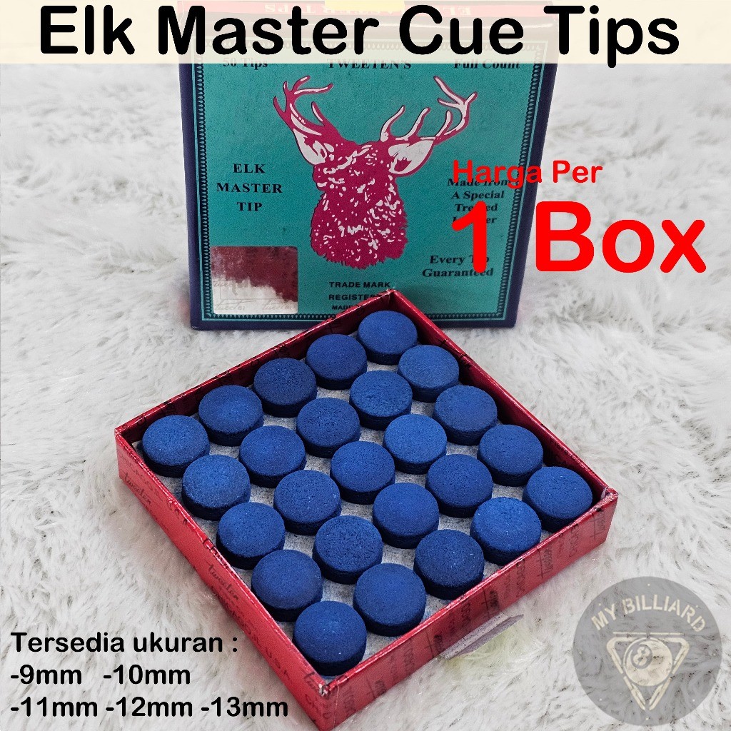 Jual Elk Master Cue Tip per 1 box 50 pcs Ukuran 13 12 11 10 9 mm Cue ...