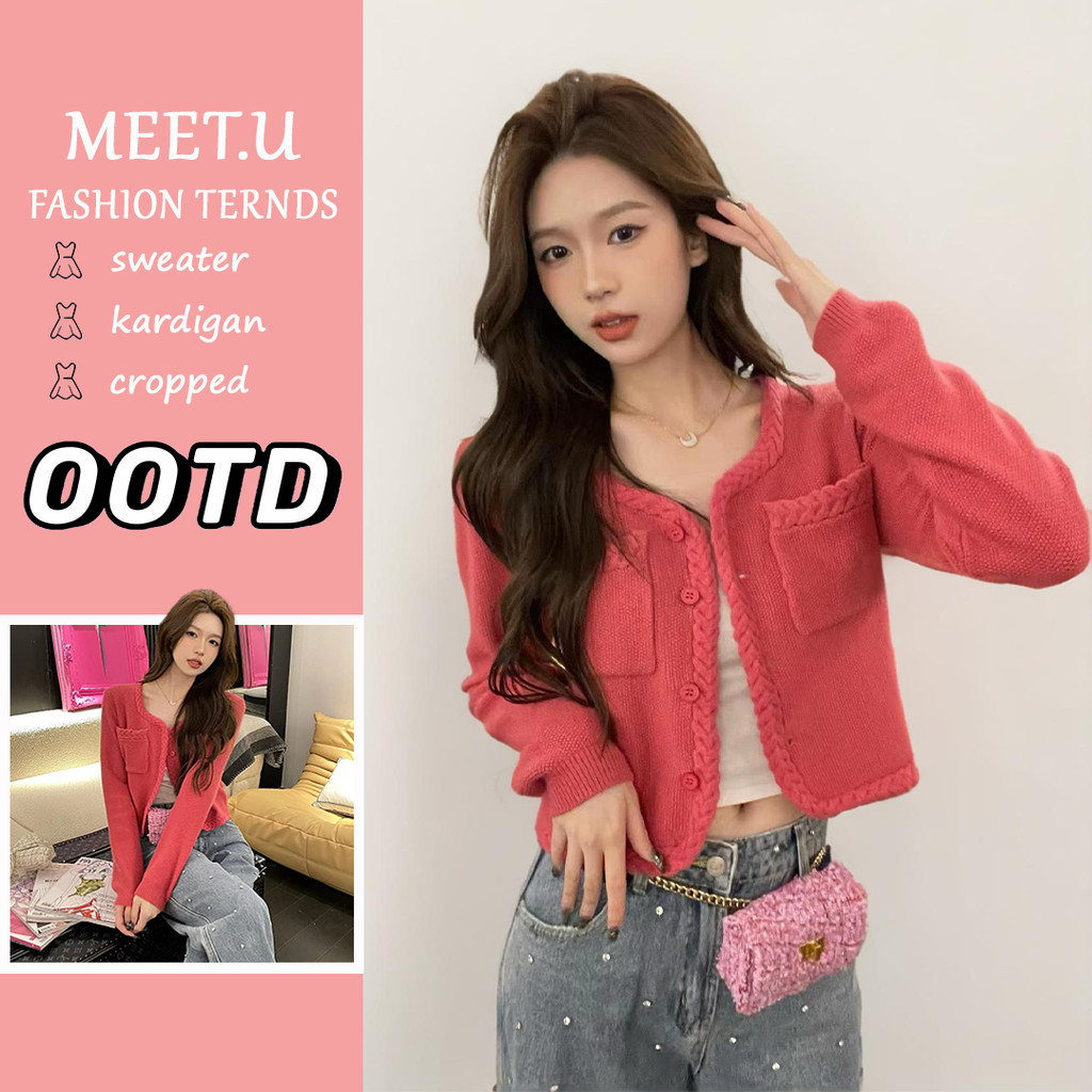Jual MEET.U Jacket Sweater Kardigan Cropped Wanita Merah | Shopee Indonesia