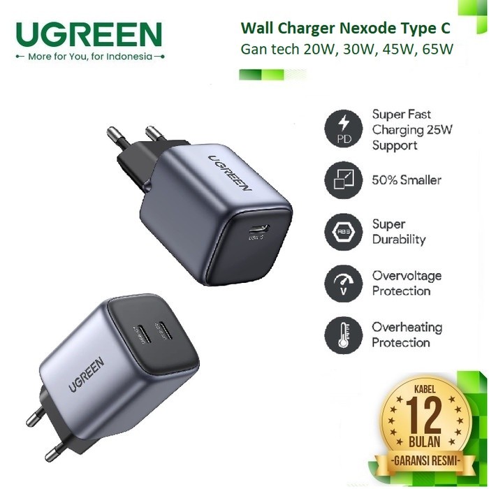 Jual UGREEN Charger Nexode Gan 65W 45W 30W 20W PPS PD QC SCP FCP Dual USB C | Shopee Indonesia