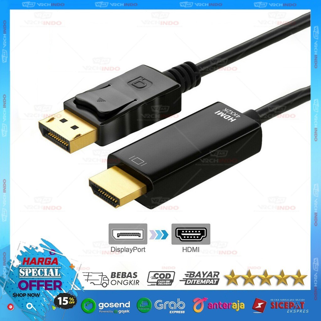 Jual Kabel Display Port To HDMI Panjang 1.8M - DP Male to HDMI Male 1.8 ...