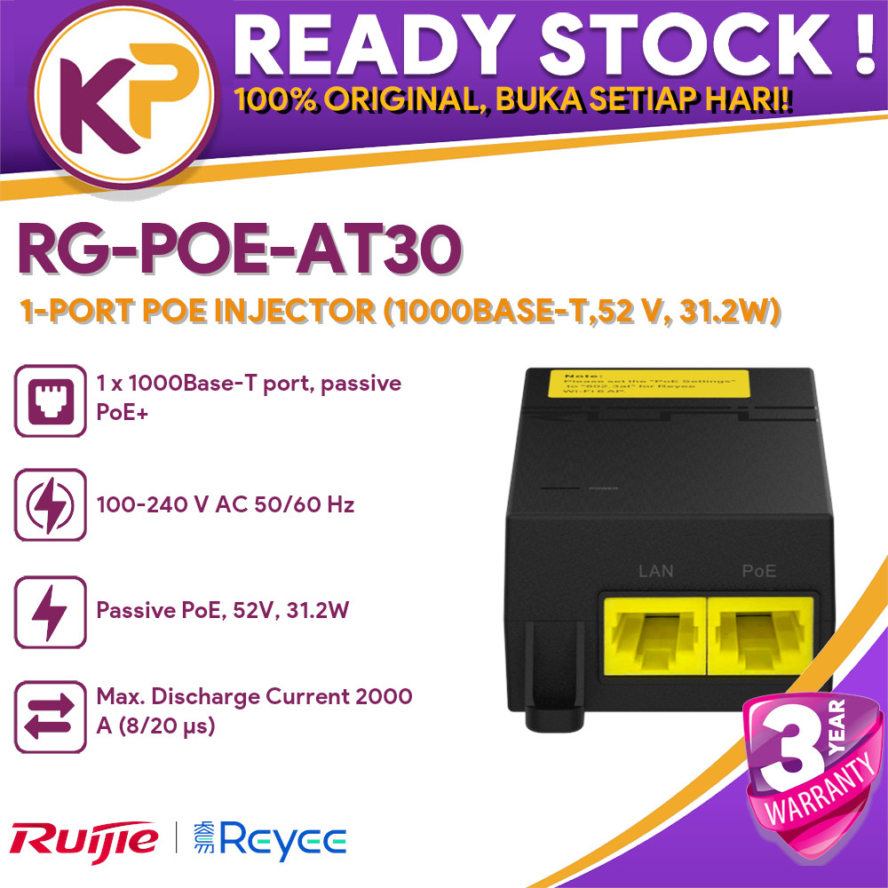 Jual RUIJIE REYEE RG-POE-AT30 1-PORT POE INJECTOR (1000BASE-T,52 V, 31.2W) | Shopee Indonesia