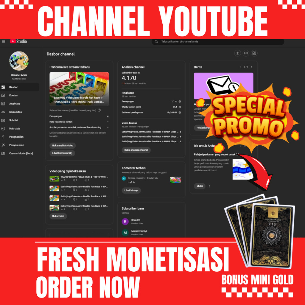 Jual CHANNEL YT SUDAH MONETISASI (FRESH) | Shopee Indonesia