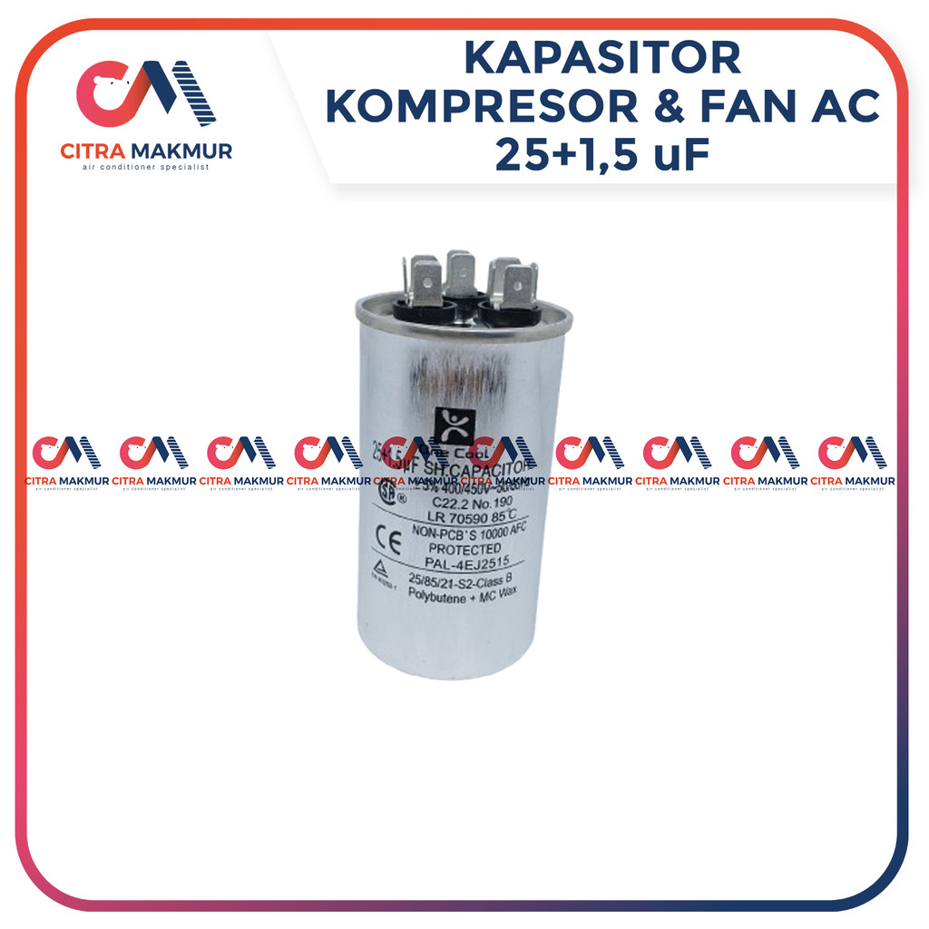 Jual Kapasitor AC Double 25 + 1,5 uF Capasitor Outdoor Fan 3 Pin Kaki Kompresor Kipas Mesin ...