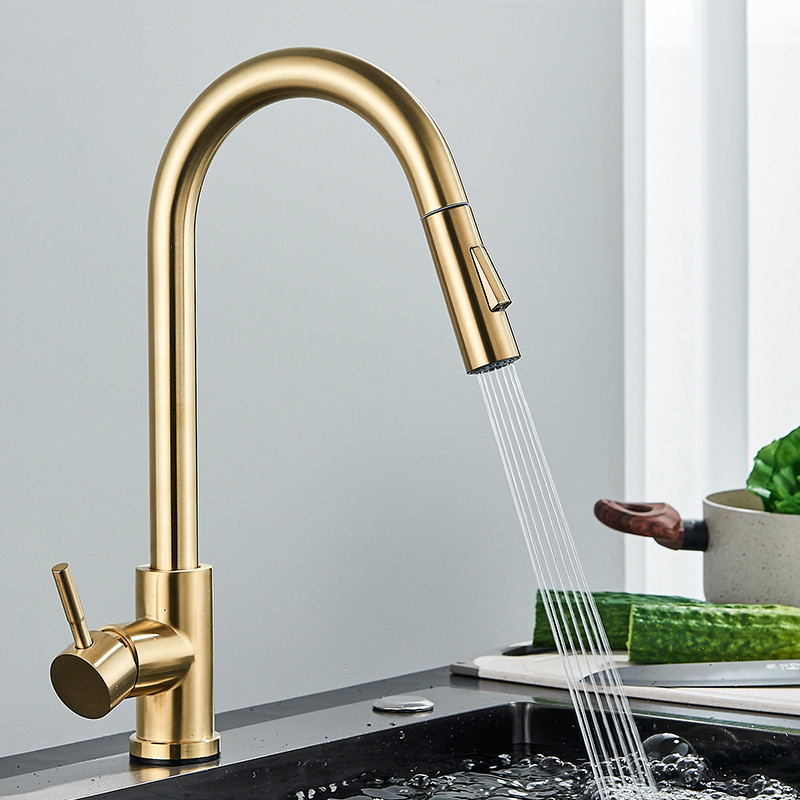 Jual Quyanre Brushed Gold Kitchen Faucet Pull Out Kitchen Sink Water ...