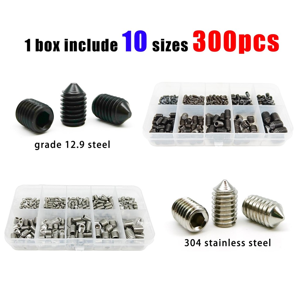 Jual 300pcs Mix M3 M4 M5 M6 M8 Kit Hex Hexagon Socket Tapered End Grub Bolt Cone Point Set Screw ...
