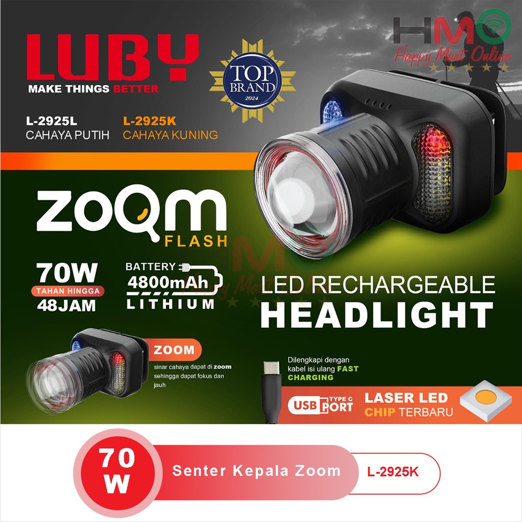 Jual LUBY Senter Kepala Zoom Anti Air 2925 70 W Cahaya Putih Kuning ...