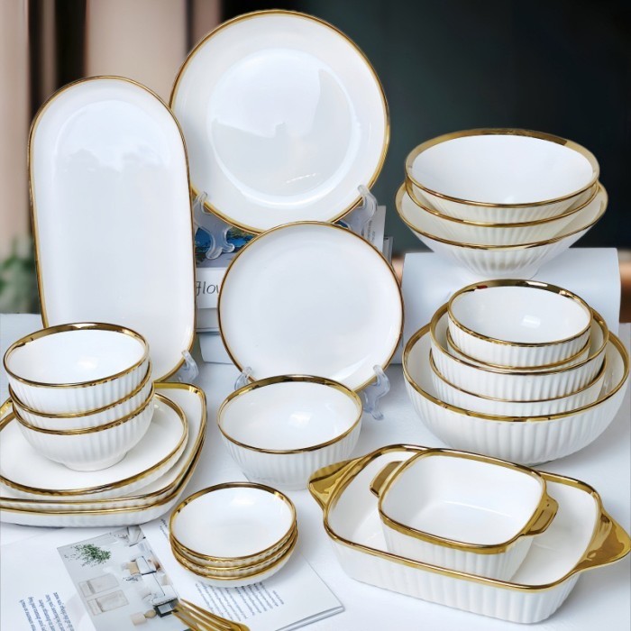 Jual Goldie Piring Mangkok Keramik Mewah Putih Gold List Emas | Shopee ...